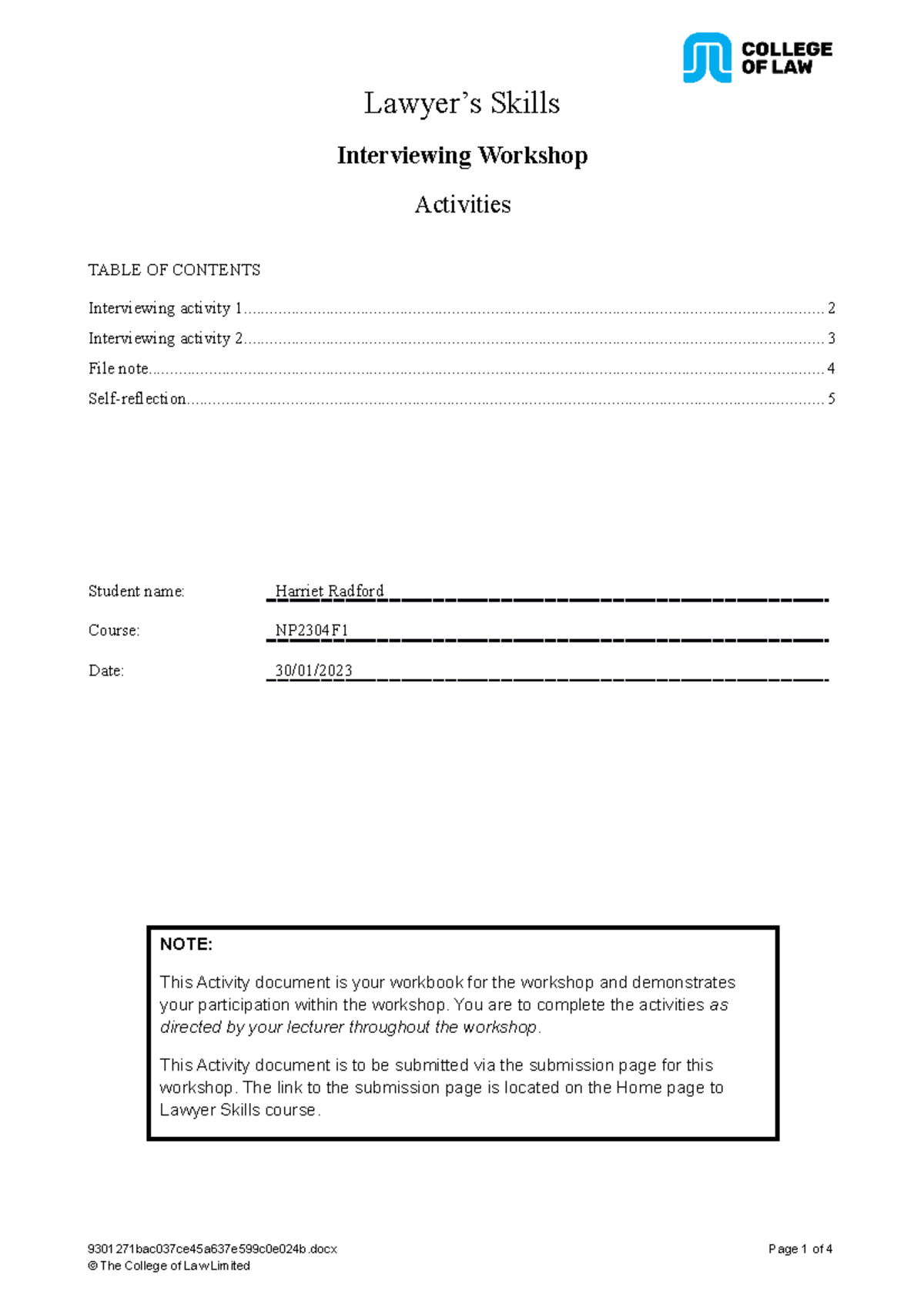Interview Activity Log - Lawyer’s Skills Interviewing Workshop ...