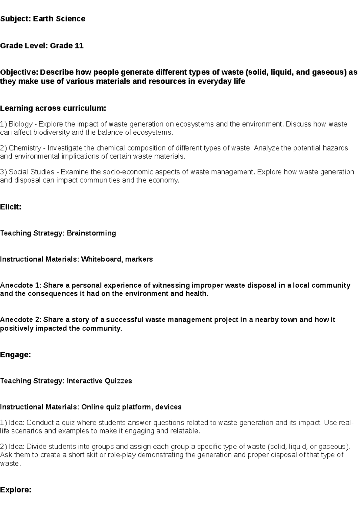 Lesson plan - Subject: Earth Science Grade Level: Grade 11 Objective ...