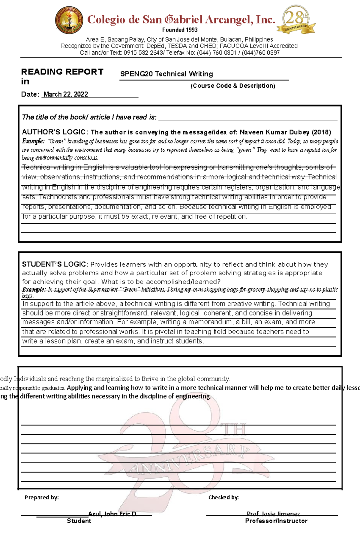 Reading Report Learning Diary - Student Professor/Instructor reaching ...