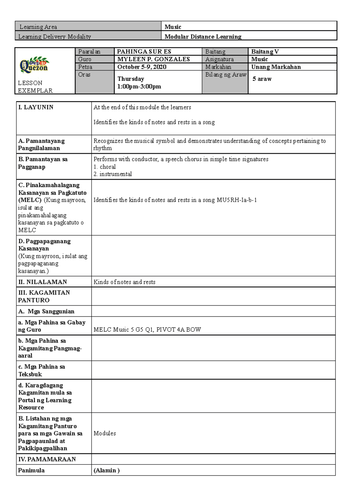 LE Music 5-M1- WK 1 - General Education - LSPU - Studocu