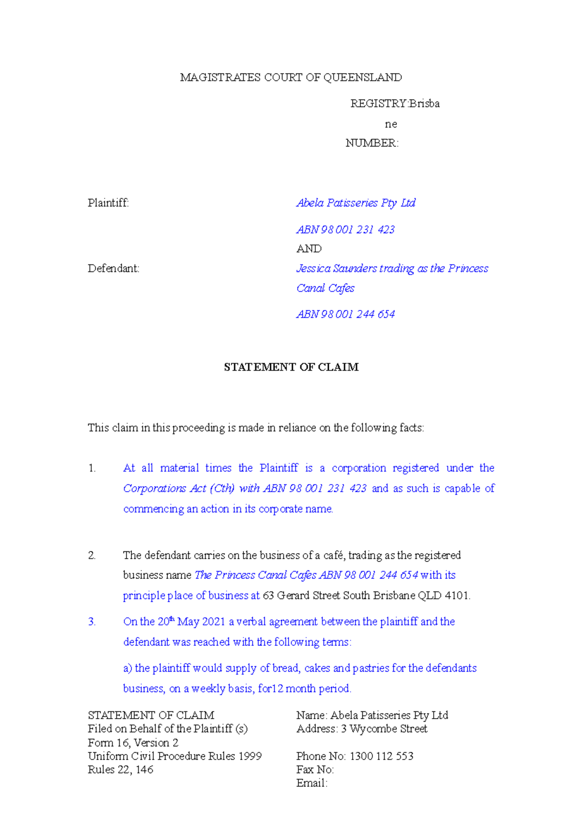 Statement Of Claim - CIVIL2022 - Studocu