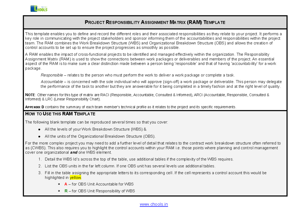 RAM - PROJECT RESPONSIBILITY ASSIGNMENT MATRIX (RAM) TEMPLATE This template enables you to ...