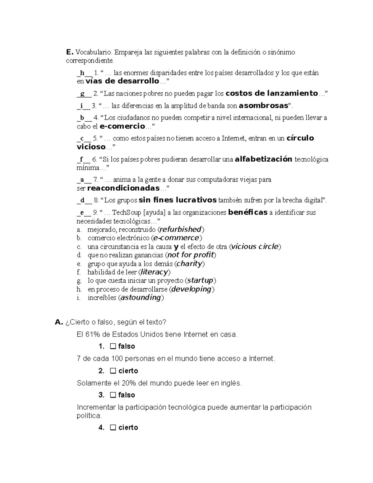 Capítulo 5(1) - Millie Chavez - E. Vocabulario. Empareja las siguientes ...