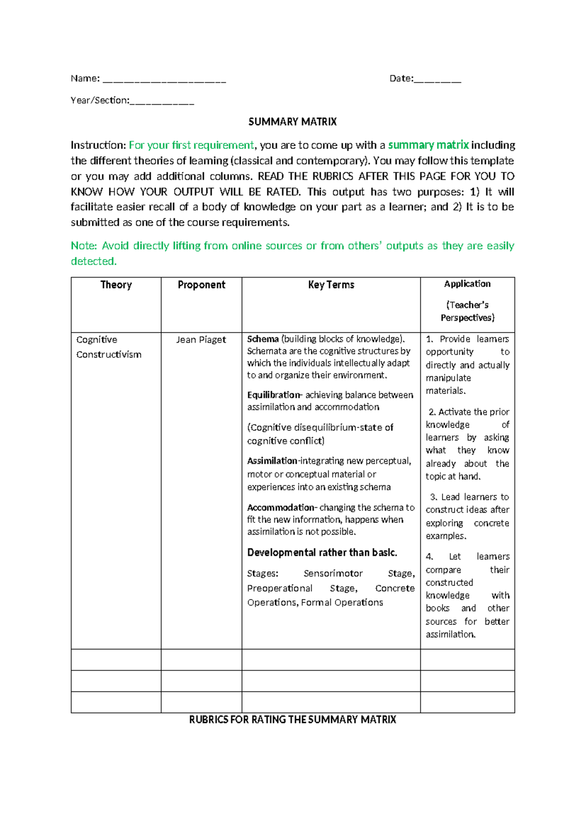 Requirement 1 (Summary Matrix) - Name: _______________________ Date ...