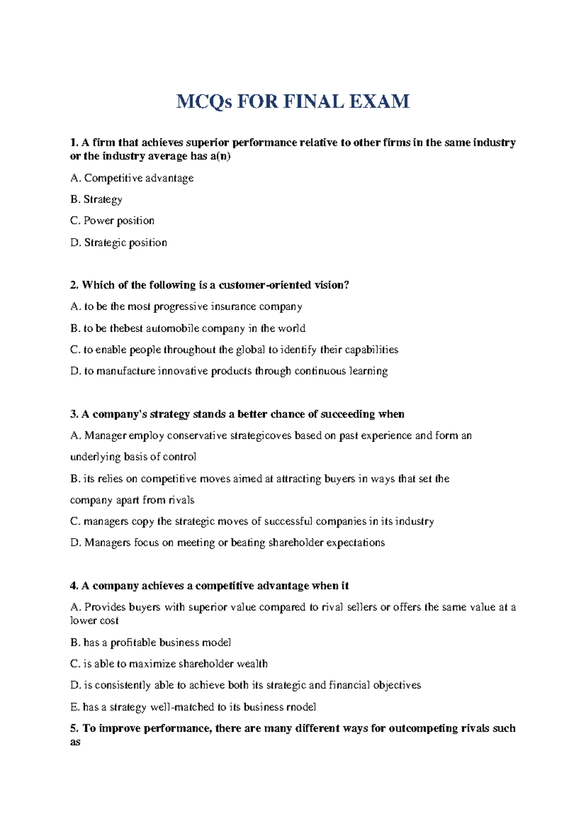 (KEY) - MCQs FOR Final EXAM - MCQs FOR FINAL EXAM A firm that achieves ...