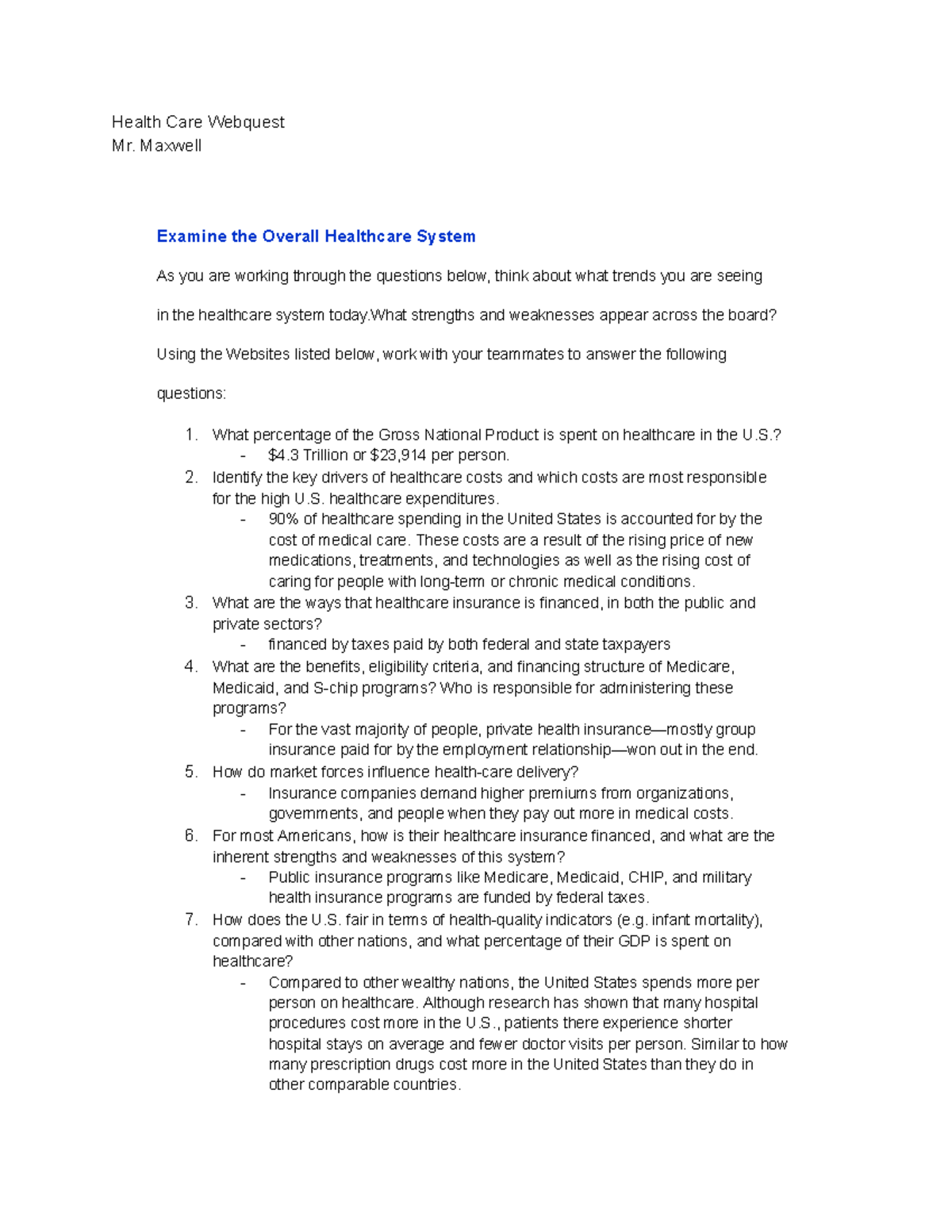 Health Care Webquest - Maxwell Examine the Overall Healthcare System As ...