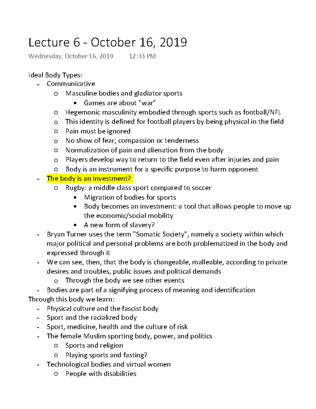 ANTHRO 130 Lecture 6 - October 16, 2019 - Ideal Body Types ...