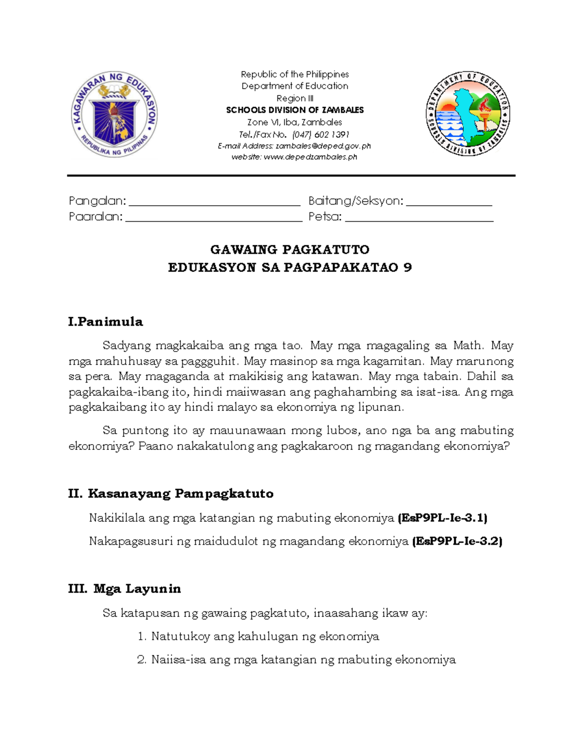 Grade 9 ESP WEEK 5 LAS - AP module - Republic of the Philippines ...