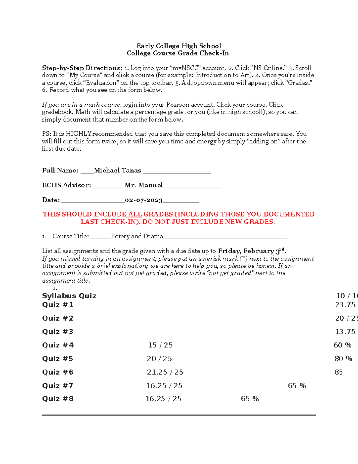 Grade Check In - class work - Early College High School College Course ...