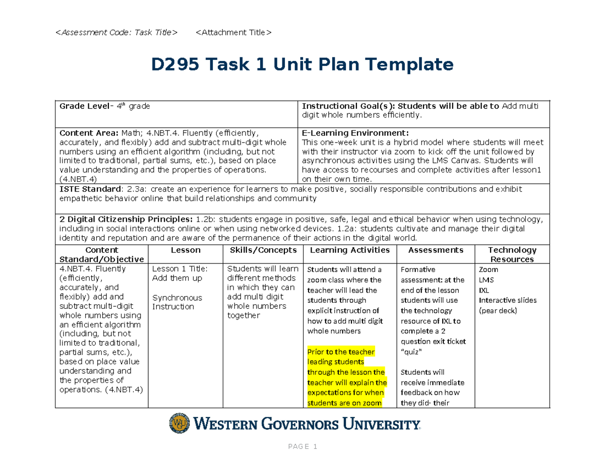D295 task 1 - pass - D295 Task 1 Unit Plan Template Grade Level- 4 th ...