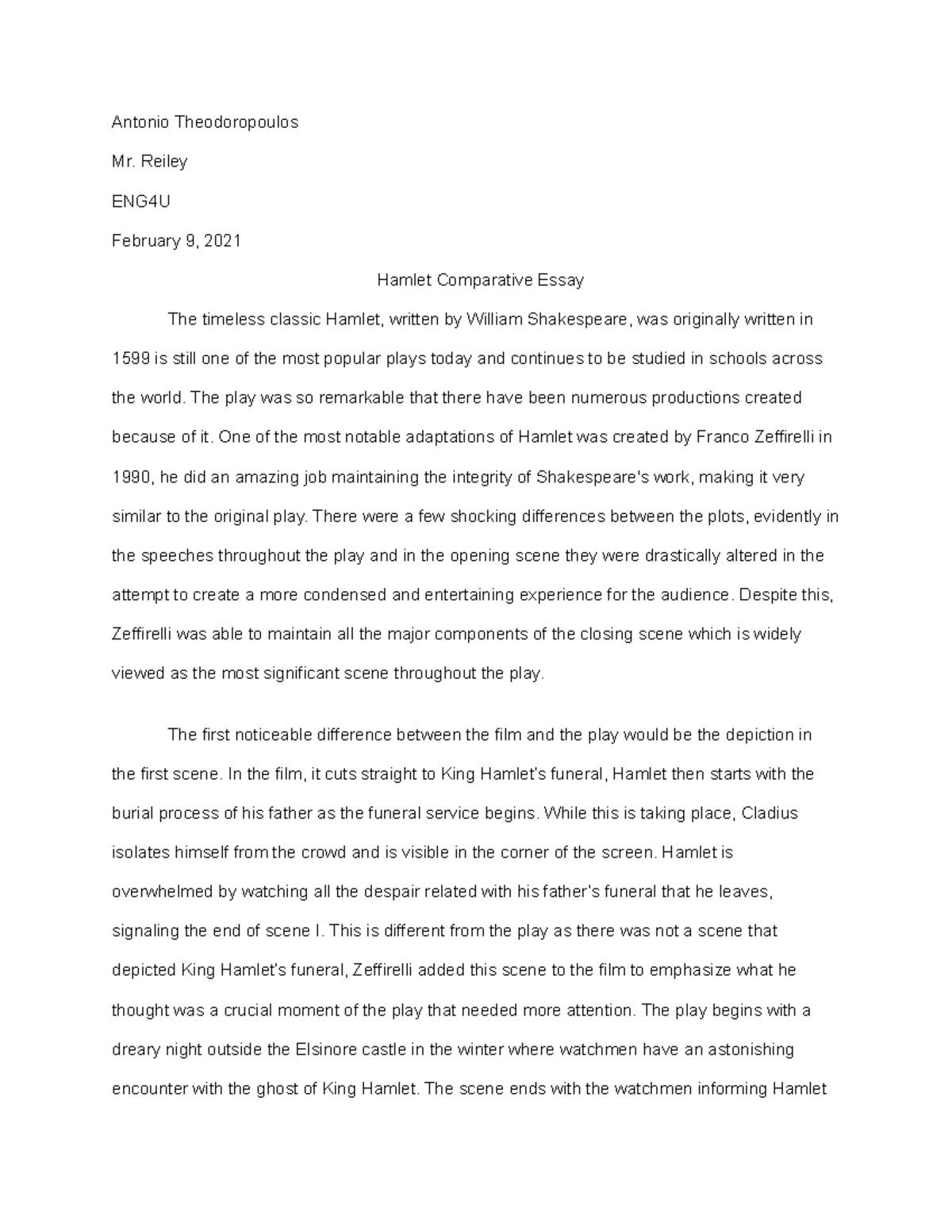 Hamlet Comparative Essay - Engl 201 - queensu - Studocu