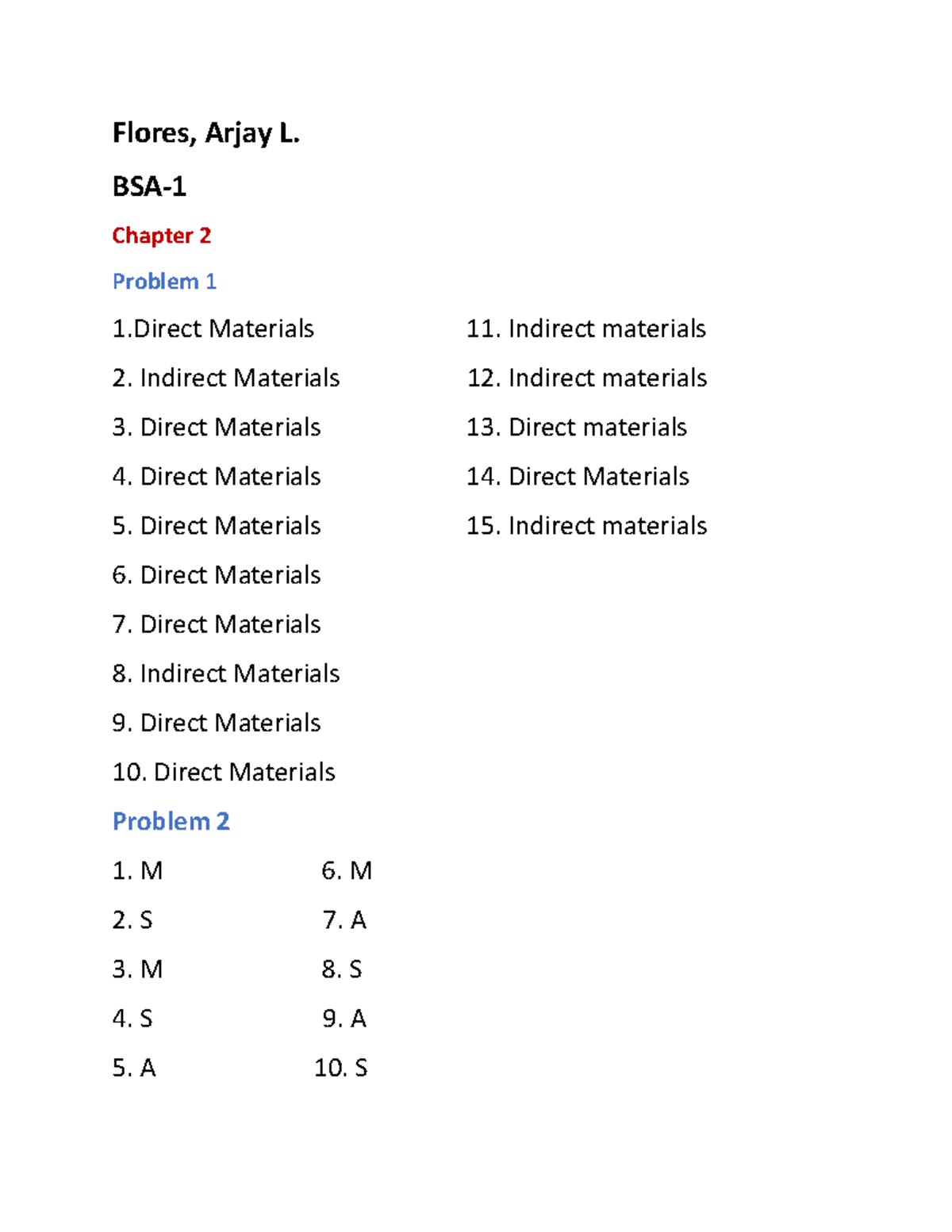 Chapter 2 Problems 1 to 6 - Flores, Arjay L. BSA- Chapter 2 Problem 1 1 Materials 11. Indirect ...