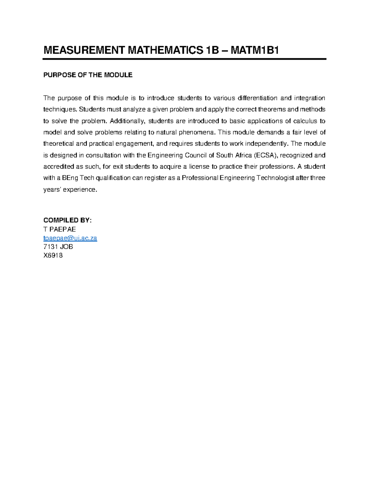 Differential Calculus - MEASUREMENT MATHEMATICS 1B – MATM1B PURPOSE OF ...