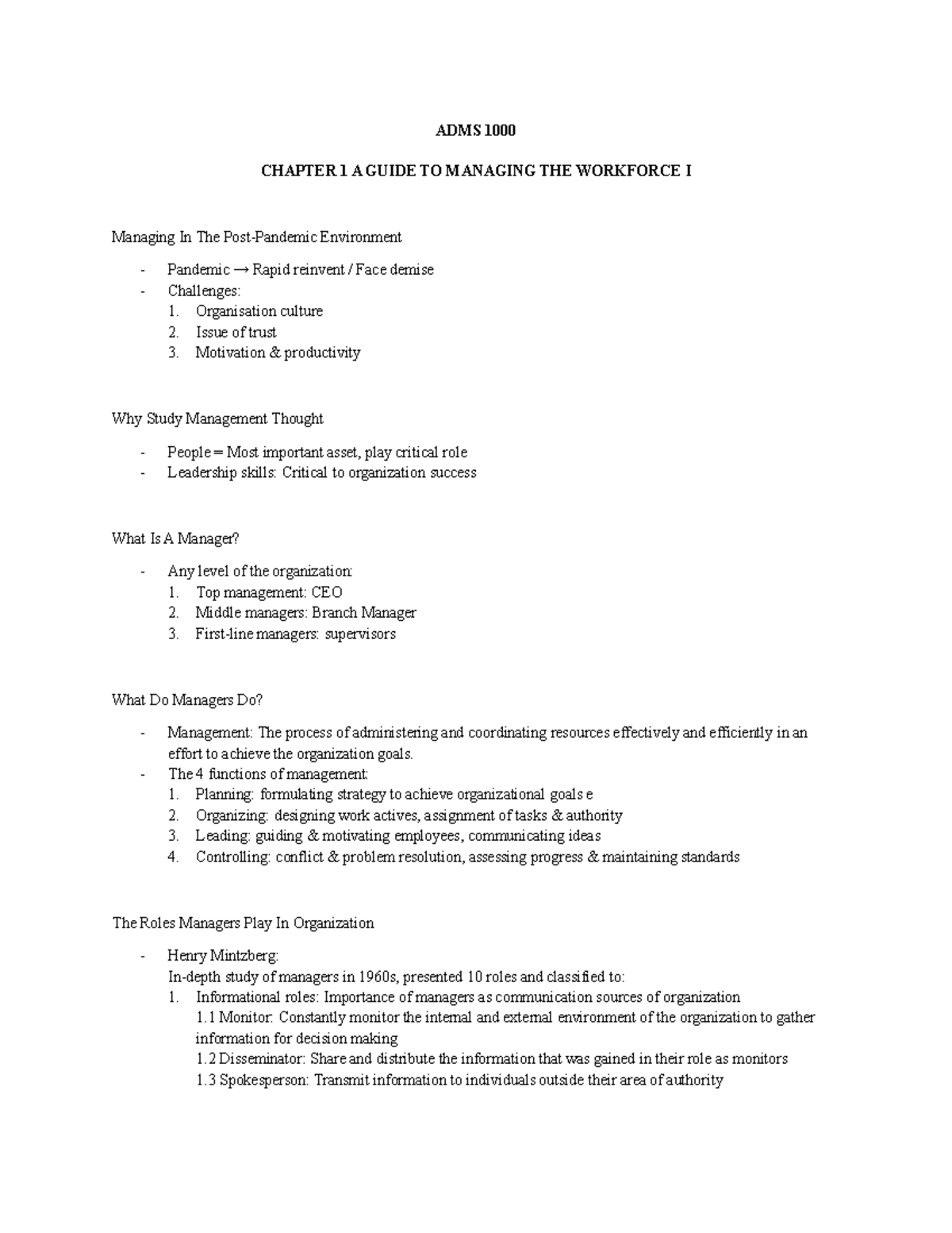 ADMS 1000 Chapter 1 - ADMS 1000 CHAPTER 1 A GUIDE TO MANAGING THE ...