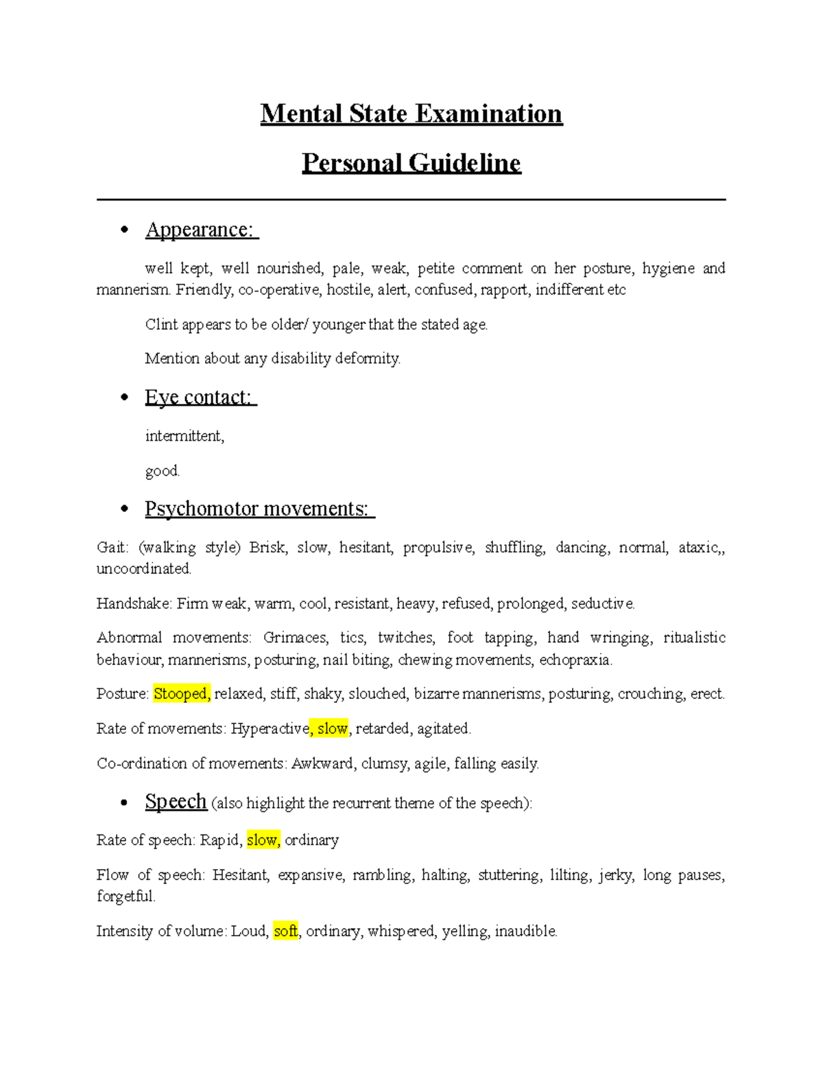 Mental State Examination guideline - Mental State Examination Personal ...