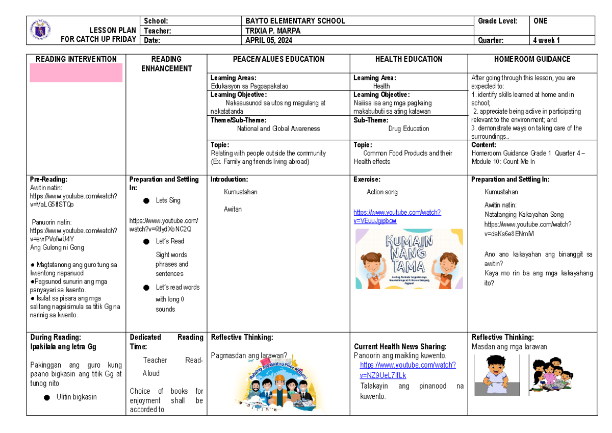 Q4 DLL Catch-UP- Friday-WEEK-1 - LESSON PLAN FOR CATCH UP FRIDAY School ...