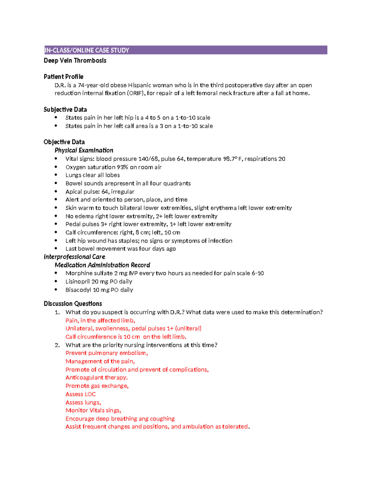 DVT CASE Study-5 - case study - IN-CLASS/ONLINE CASE STUDY Deep Vein ...