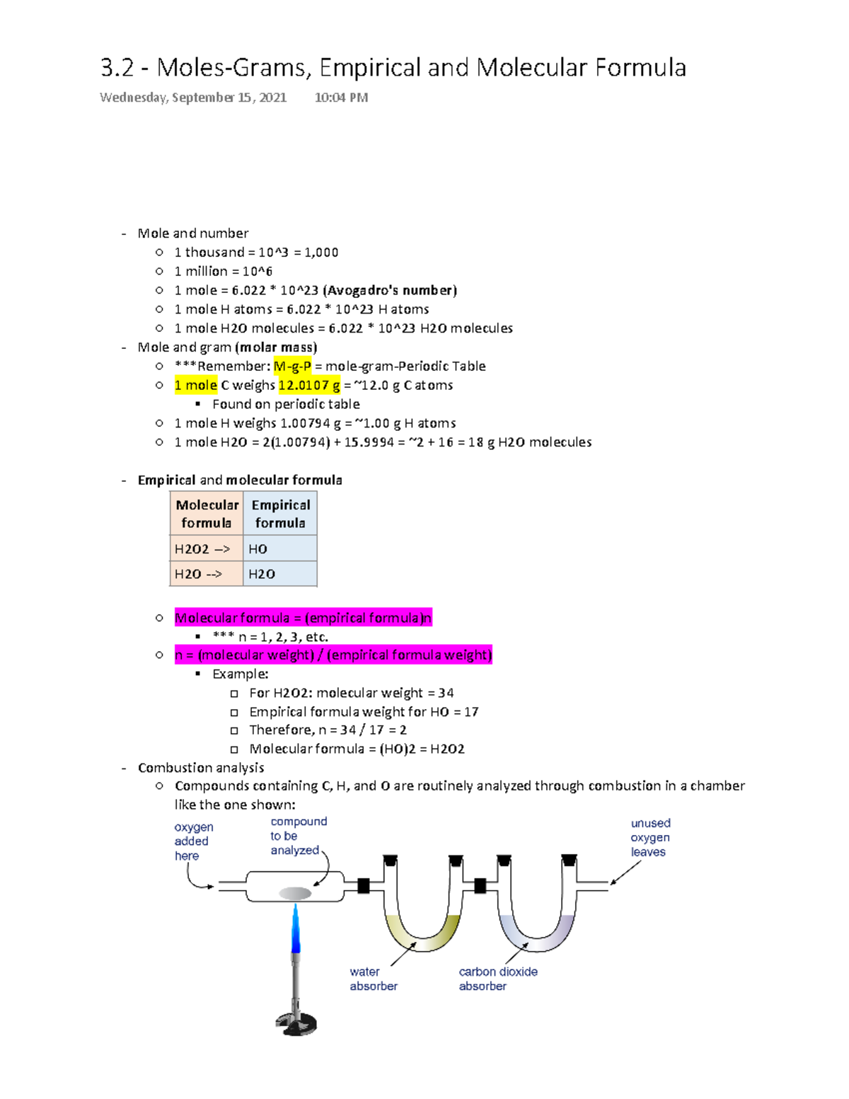 3.2 - Moles-Grams, Empirical and Molecular Formula - Mole and number 1 ...