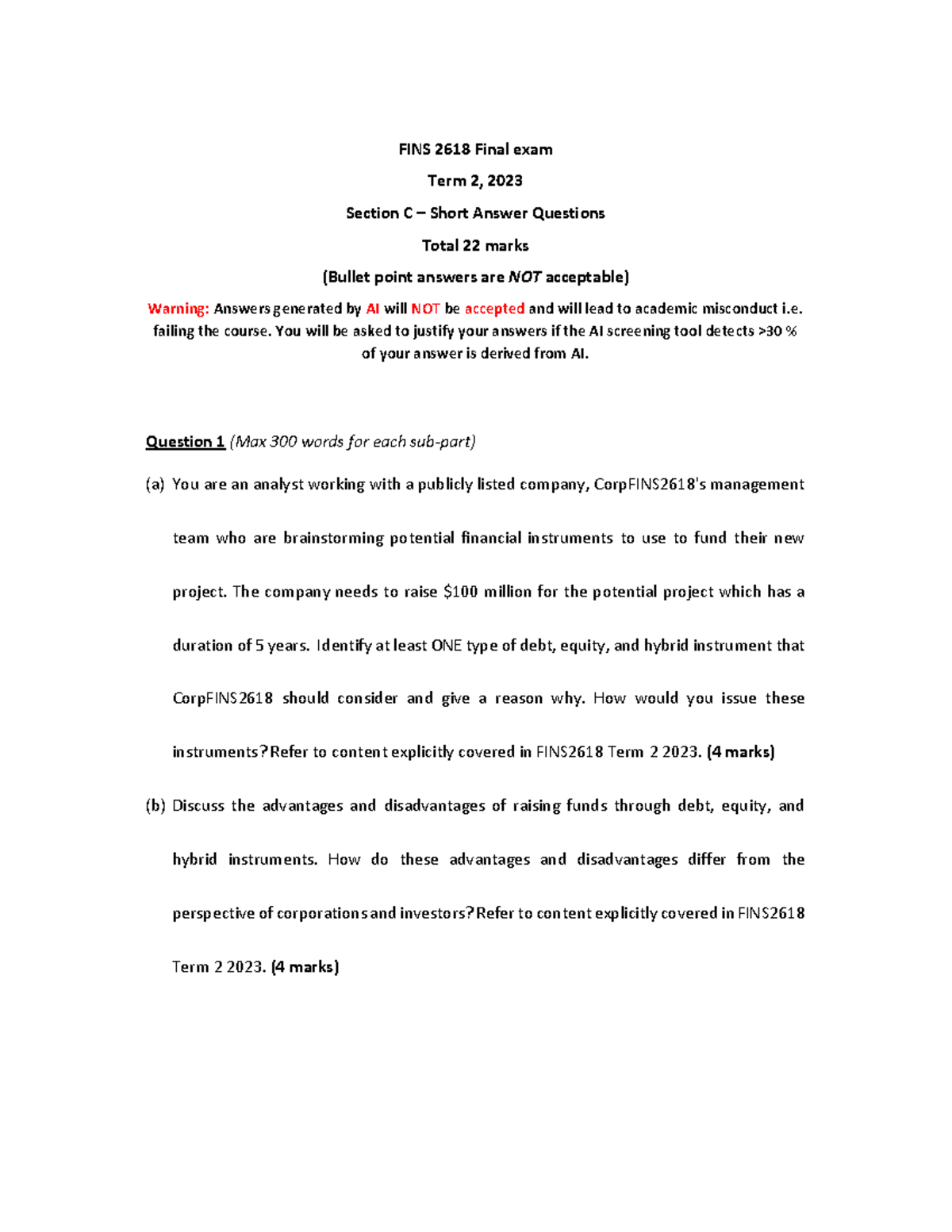 FINS2618 Part C T2 2023 EXAM - FINS 2618 Final exam Term 2, 2023 ...