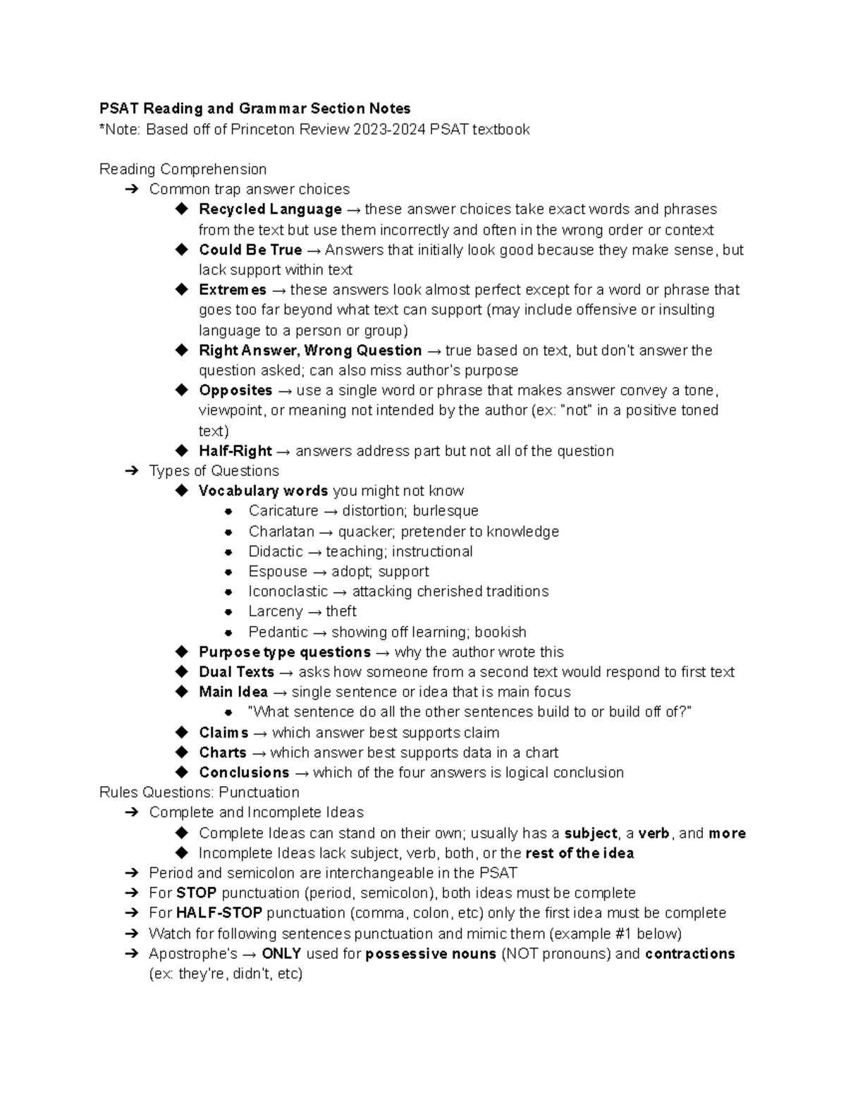 PSAT reading section notes - PSAT Reading and Grammar Section Notes ...