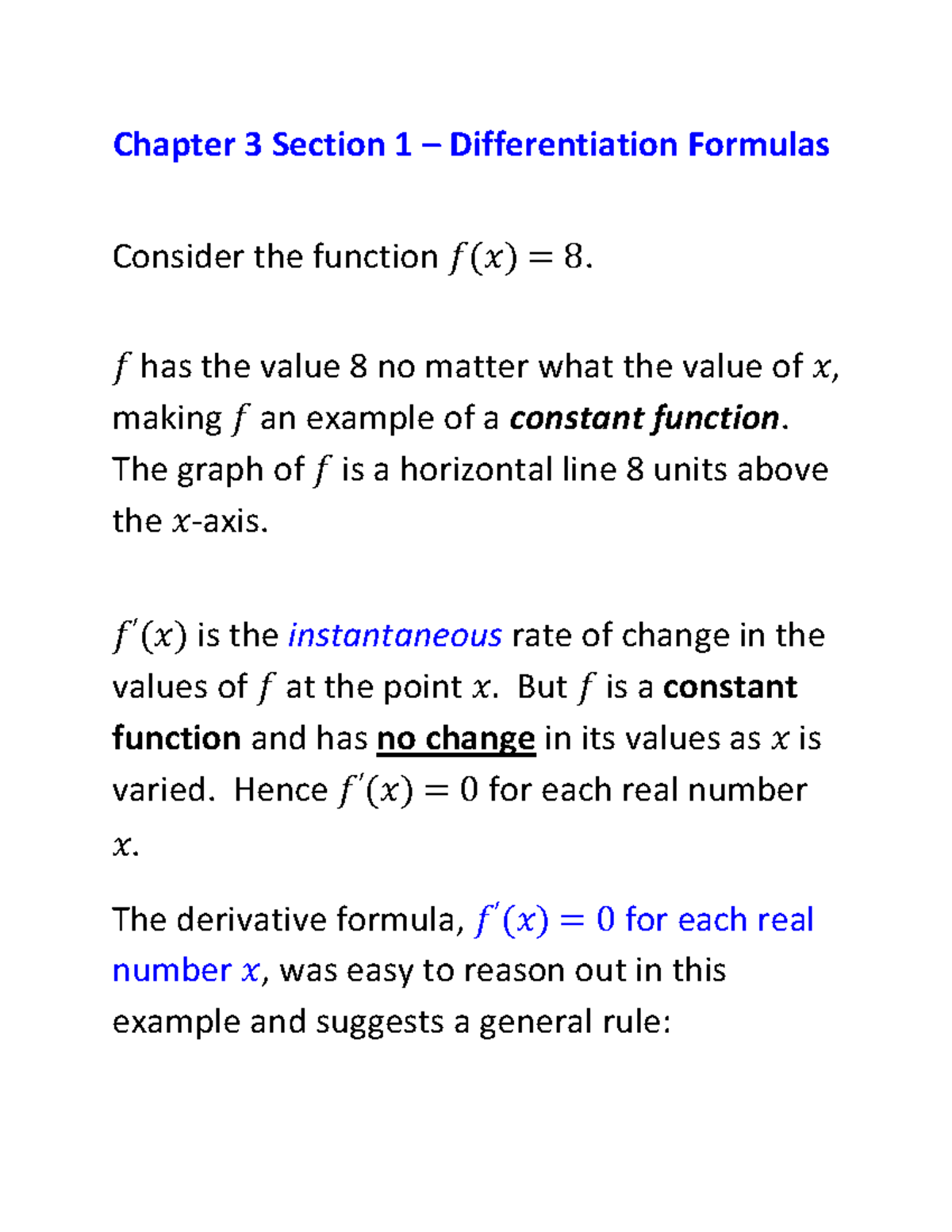 Ch 3 Sec 1 Calculus - Chapter 3 Section 1 – Differentiation Formulas Consider the function 𝑓(𝑥 ...