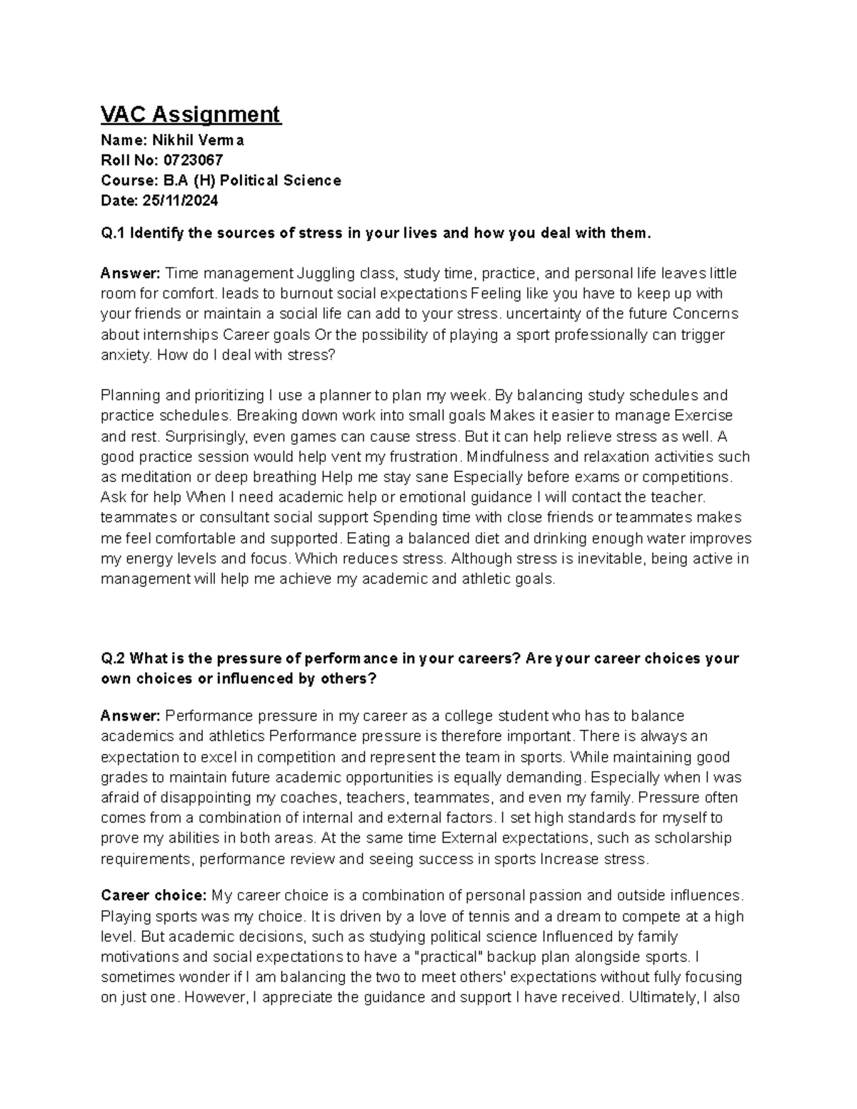 VAC Assignment Nikhil - not applicable - VAC Assignment Name: Nikhil Verma Roll No: 0723067 ...