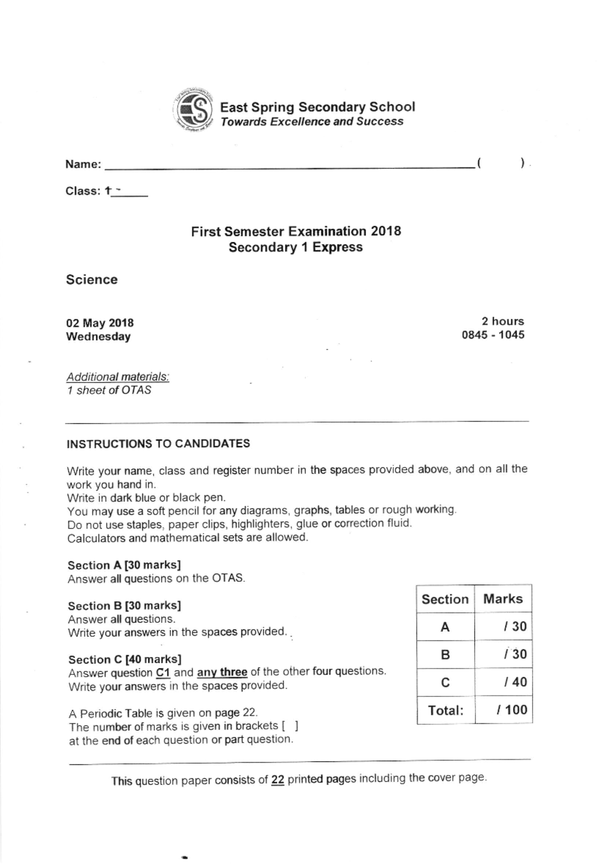 Sec 1 Science SA1 East Spring Sec 2018 - East Spring Secondary School ...