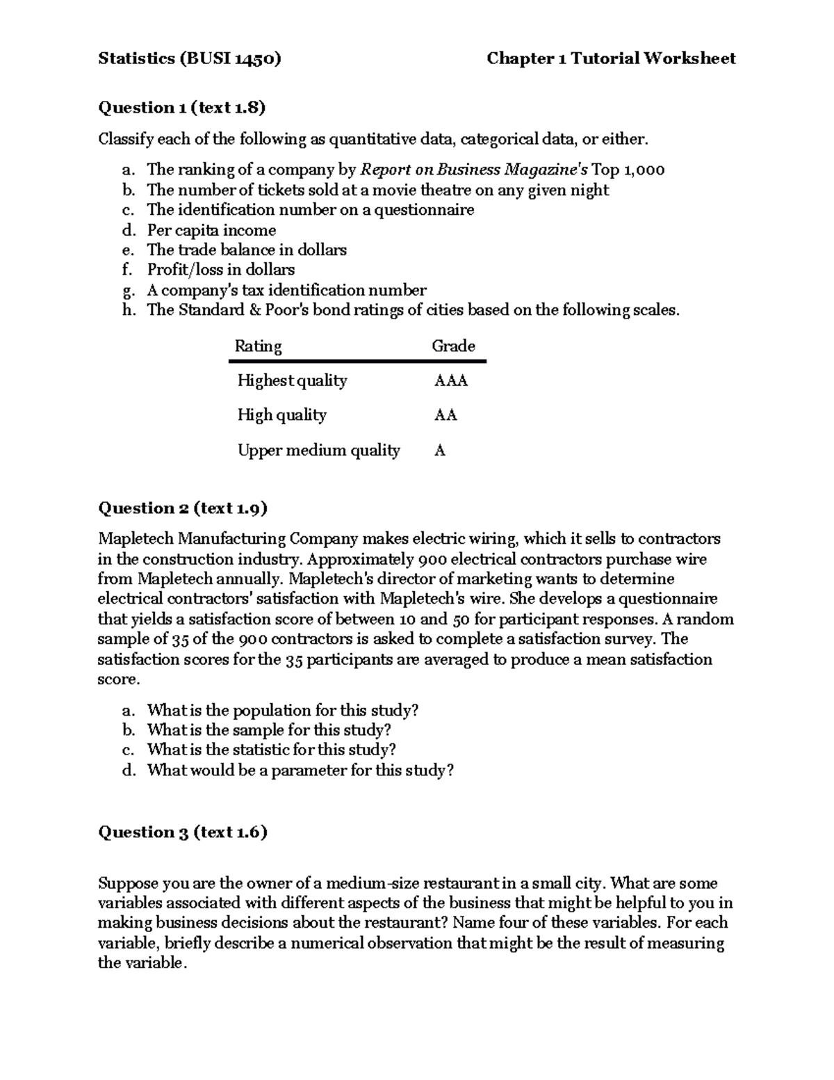 Chapter 1 Worksheet - In-class exercises - Statistics (BUSI 1450 ...
