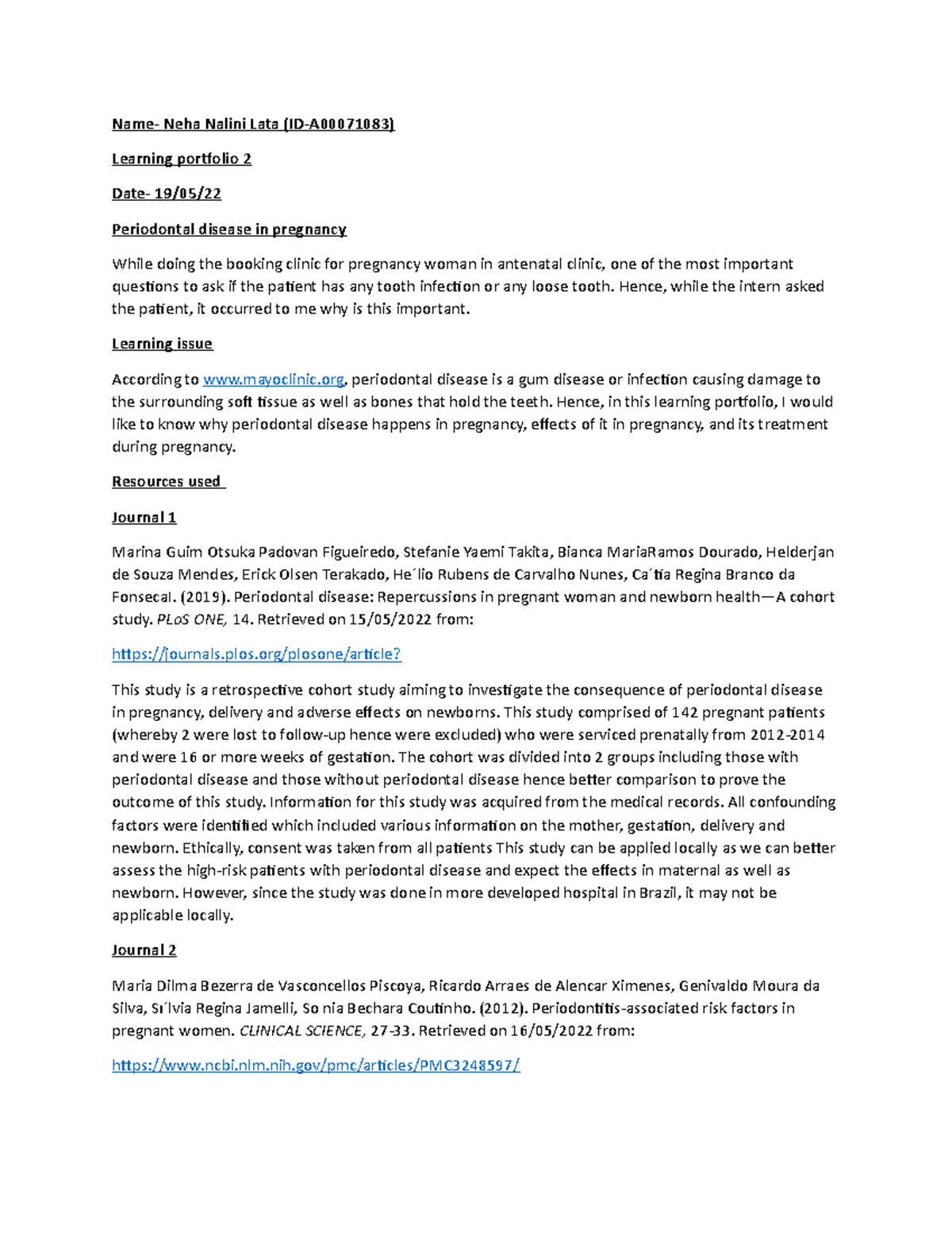 Neha LP2 ONG - assignment - Name- Neha Nalini Lata (ID-A00071083) Learning portfolio 2 Date- 19 ...