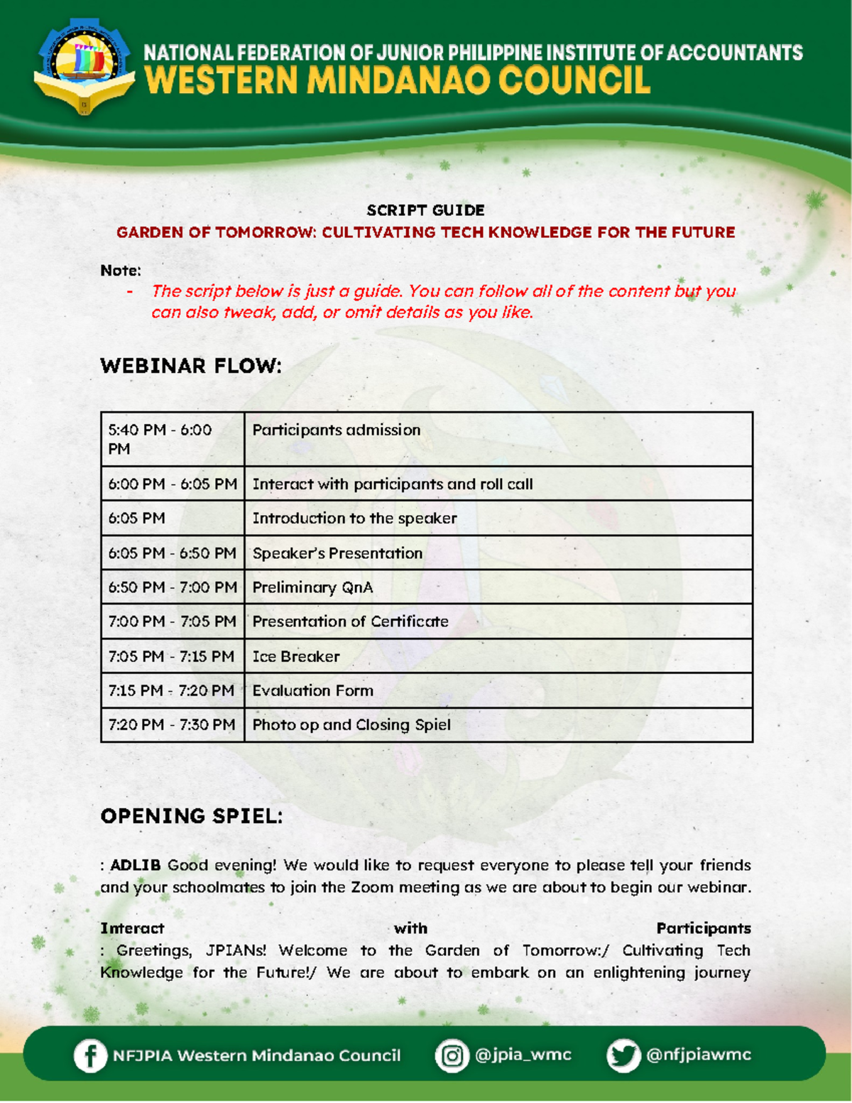 JPIA Fest Webinar Script Guide - SCRIPT GUIDE GARDEN OF TOMORROW ...