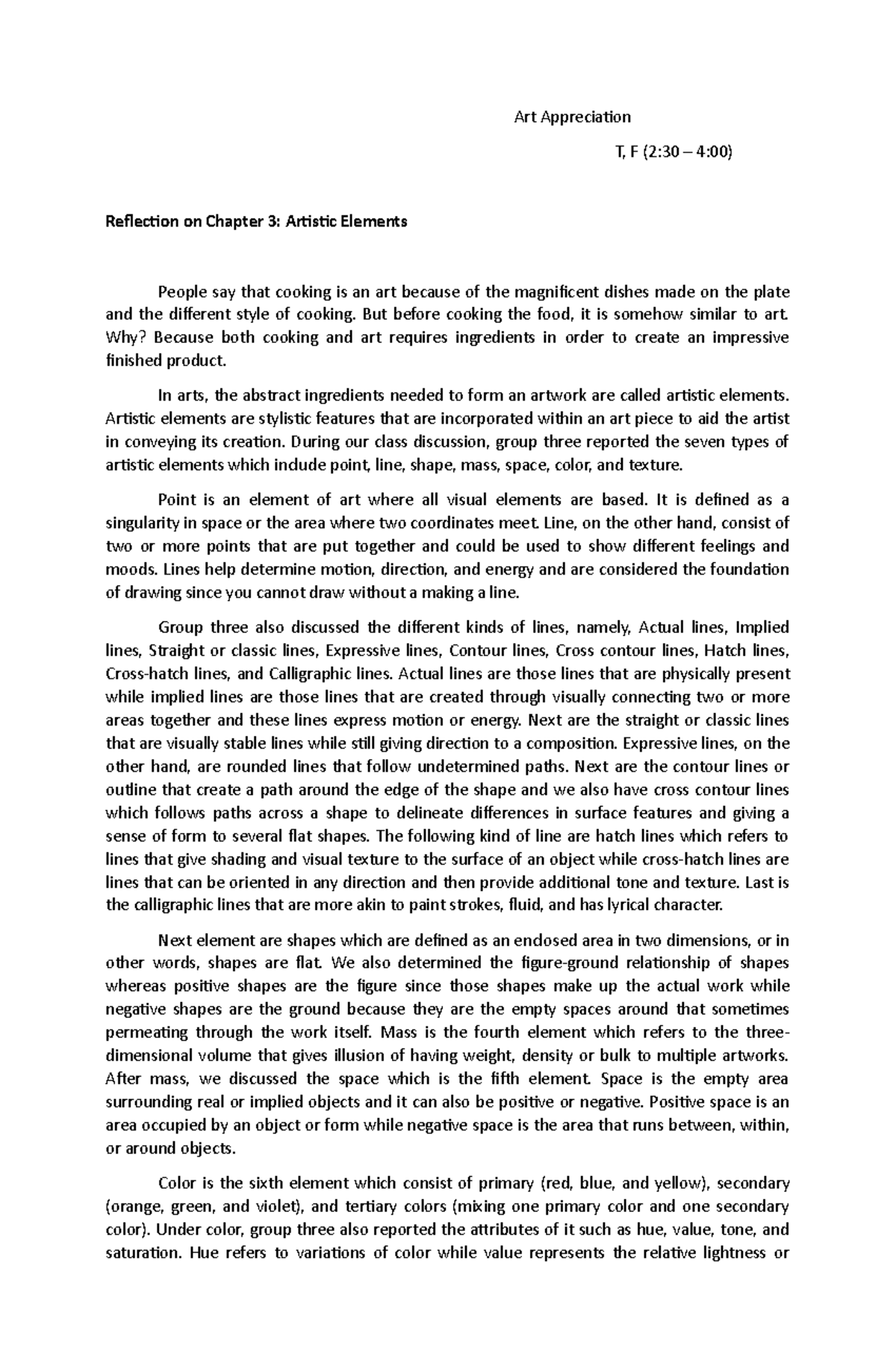 Reflection - Art Appreciation T, F (2:30 – 4:00) Reflection on Chapter ...