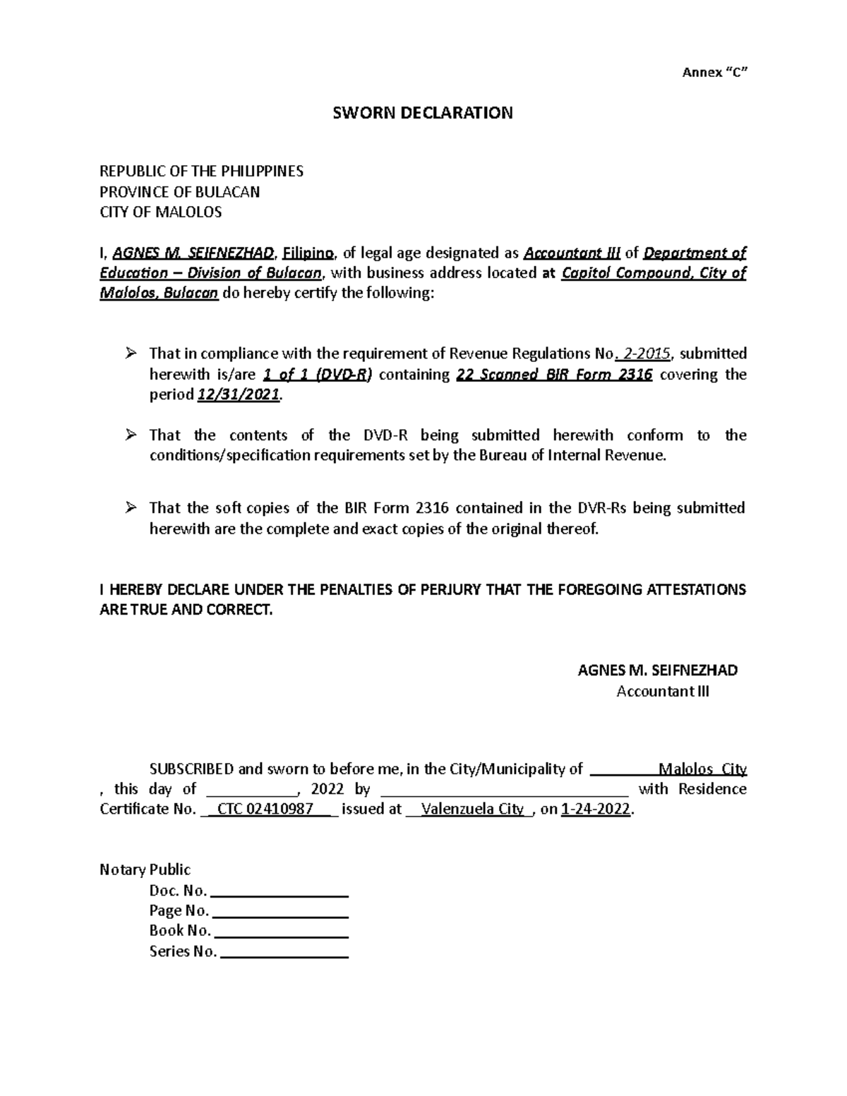 Bureau of Internal Revenue - Sworn- Declaration for Income Tax Return ...
