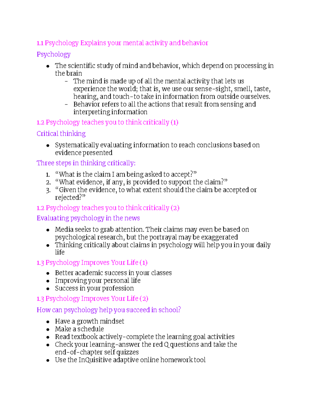 Psychology Notes - 1 Psychology Explains your mental activity and ...