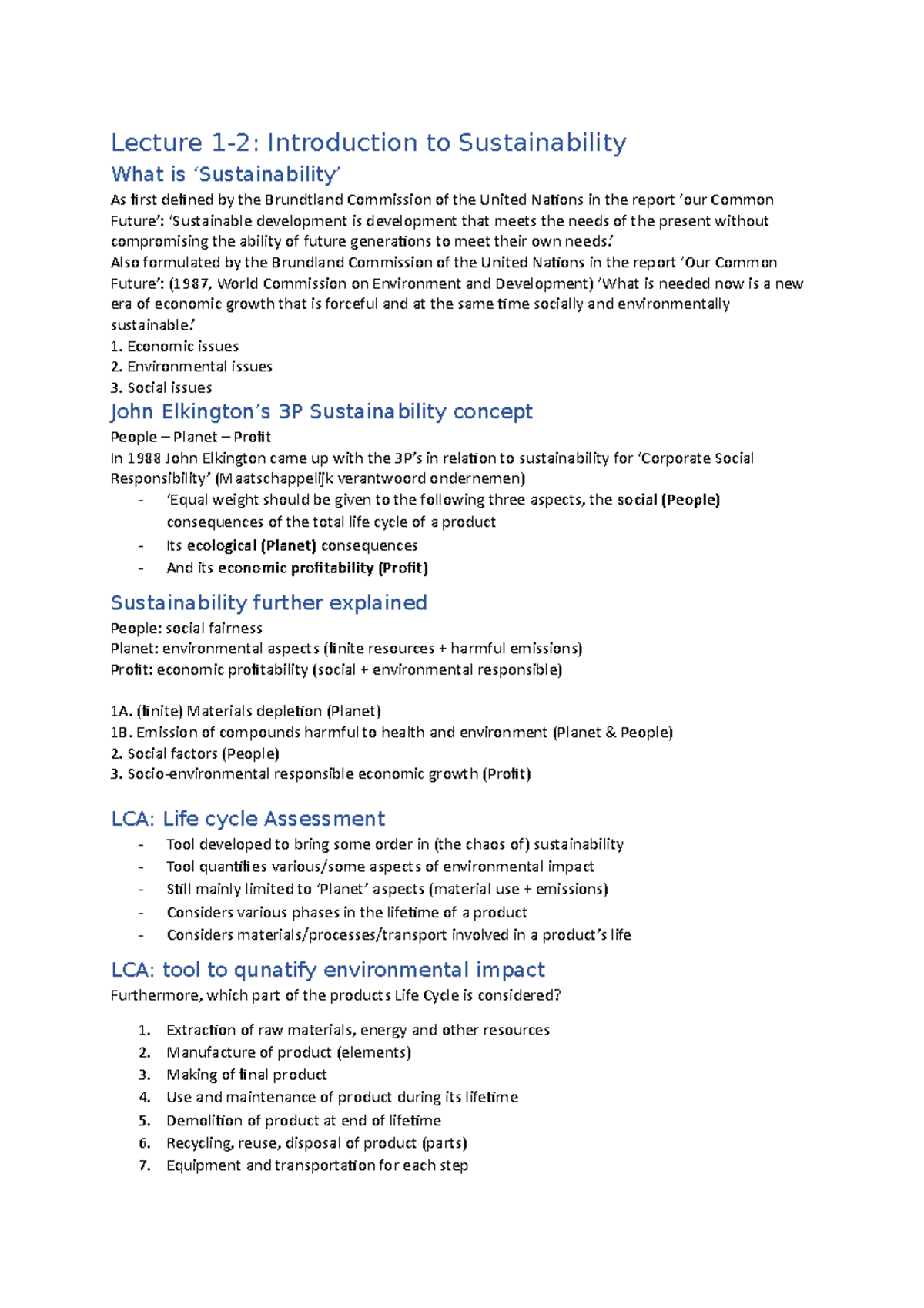 Summary Sustainability - Lecture 1-2: Introduction to Sustainability ...