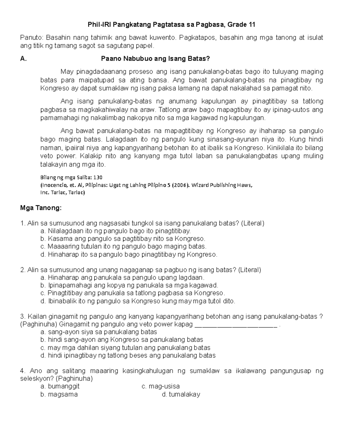 Phil IRI reading tool - bfth - Phil-IRI Pangkatang Pagtatasa sa Pagbasa ...