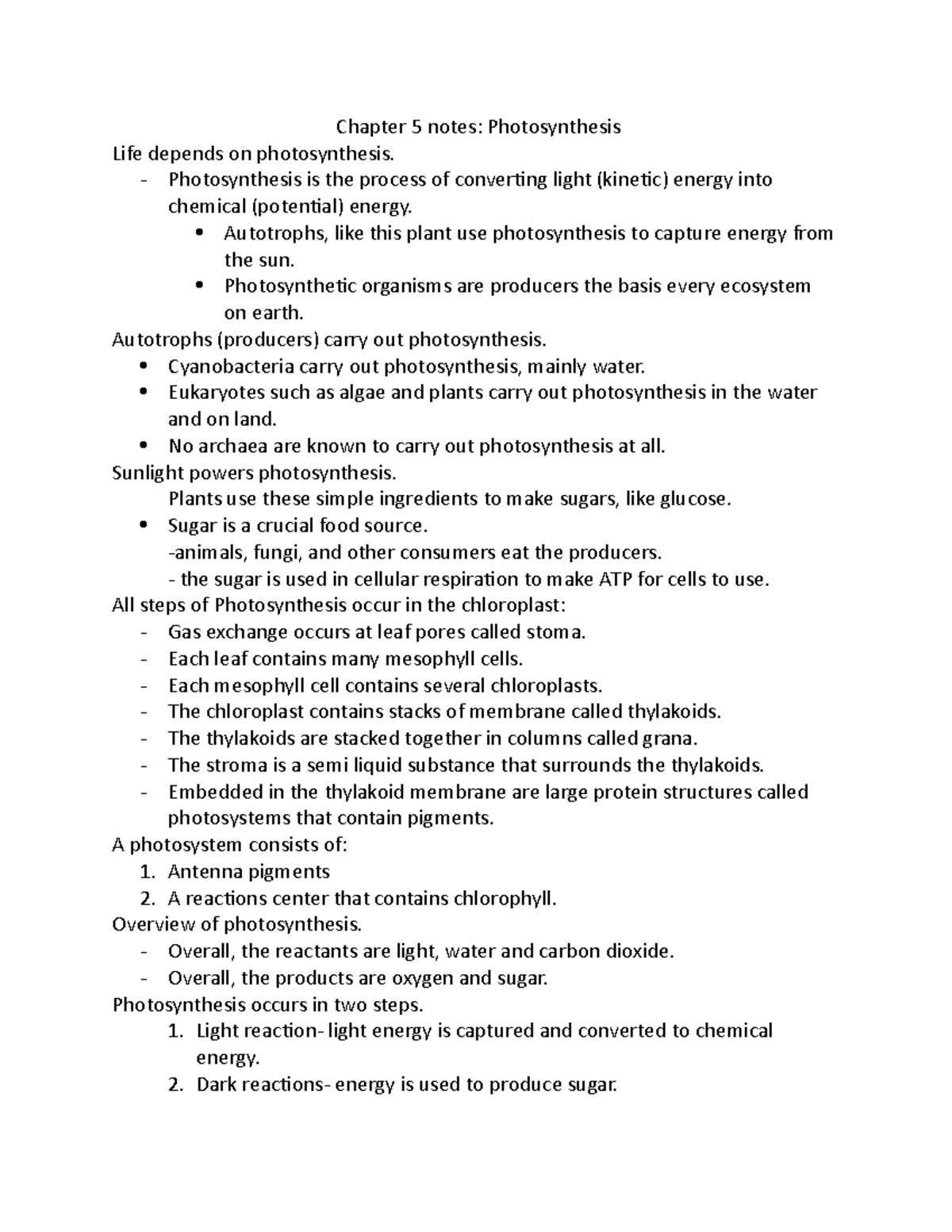 Chapter 5 notes - Chapter 5 notes: Photosynthesis Life depends on ...
