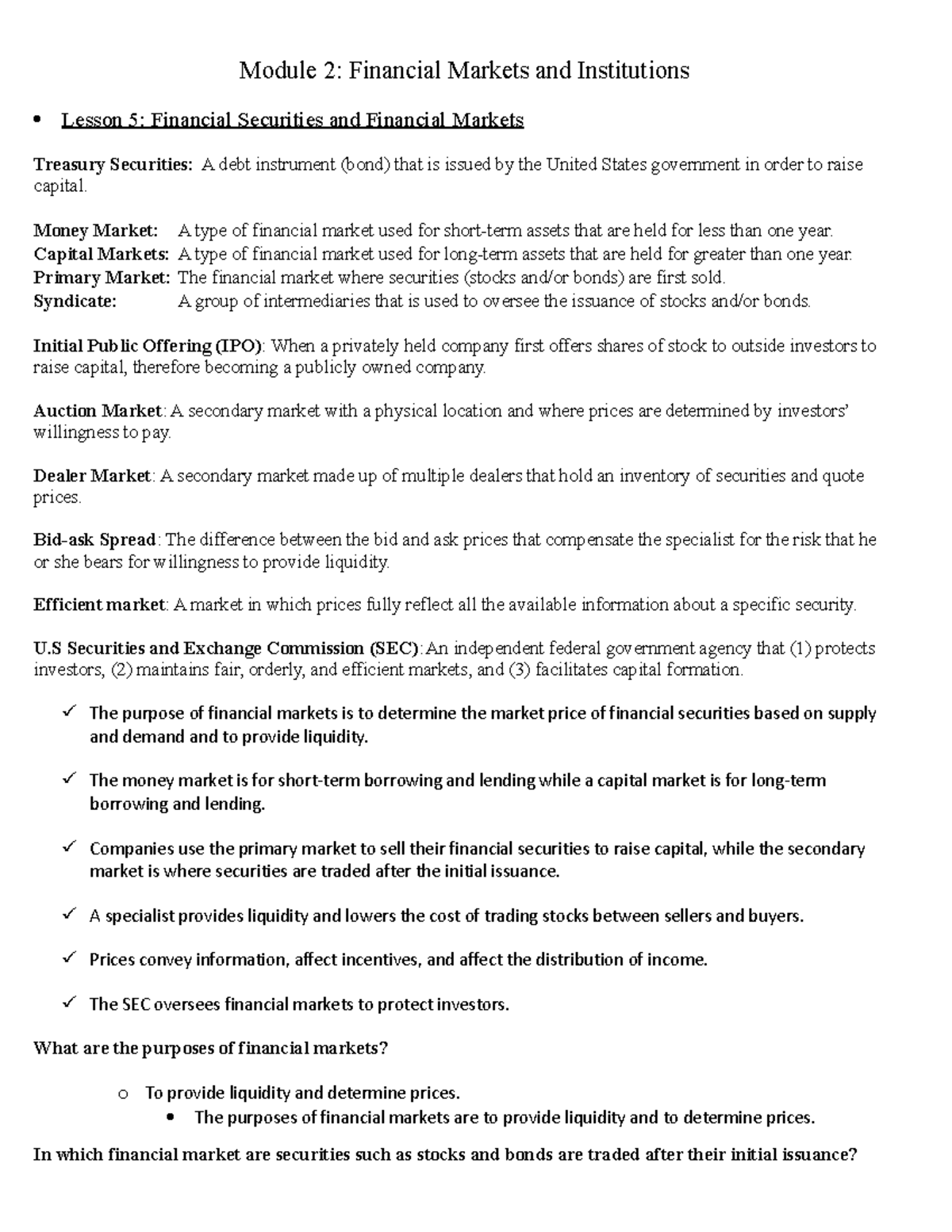 Lesson 5 Financial Securities and Financial Markets - Money Market: A ...