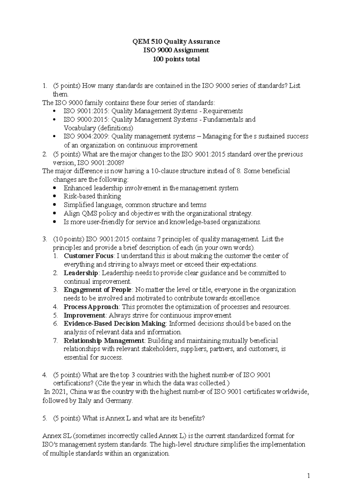 ISO 9001-2015 assignment - QEM 510 Quality Assurance ISO 9000 ...