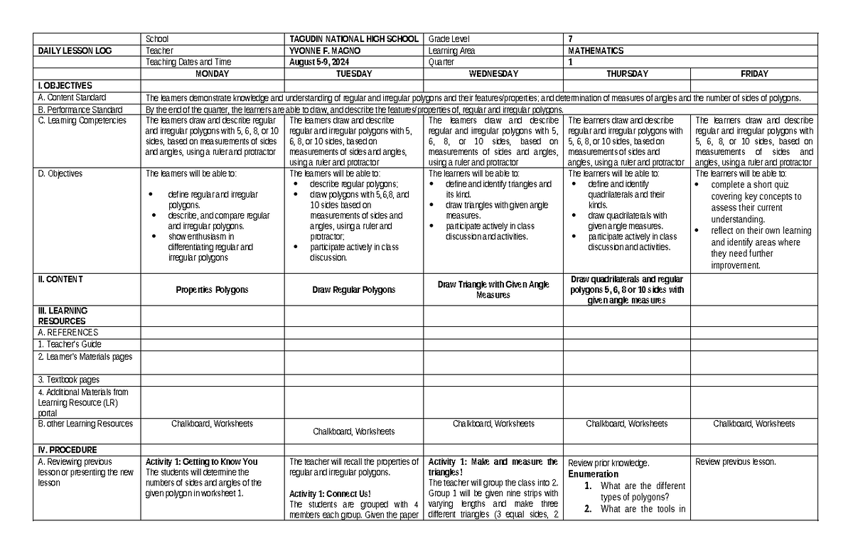 MATH 7 DLL Q1 week 1 2024 2025 - School TAGUDIN NATIONAL HIGH SCHOOL ...