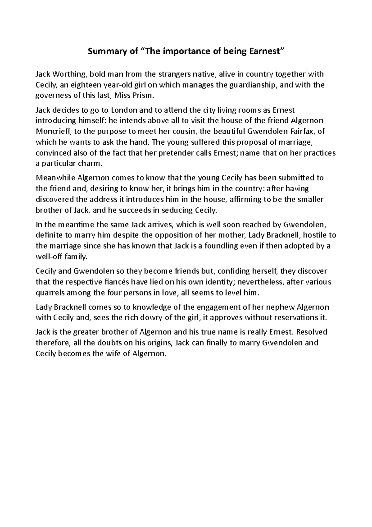 The Importance Being Earnest Summary