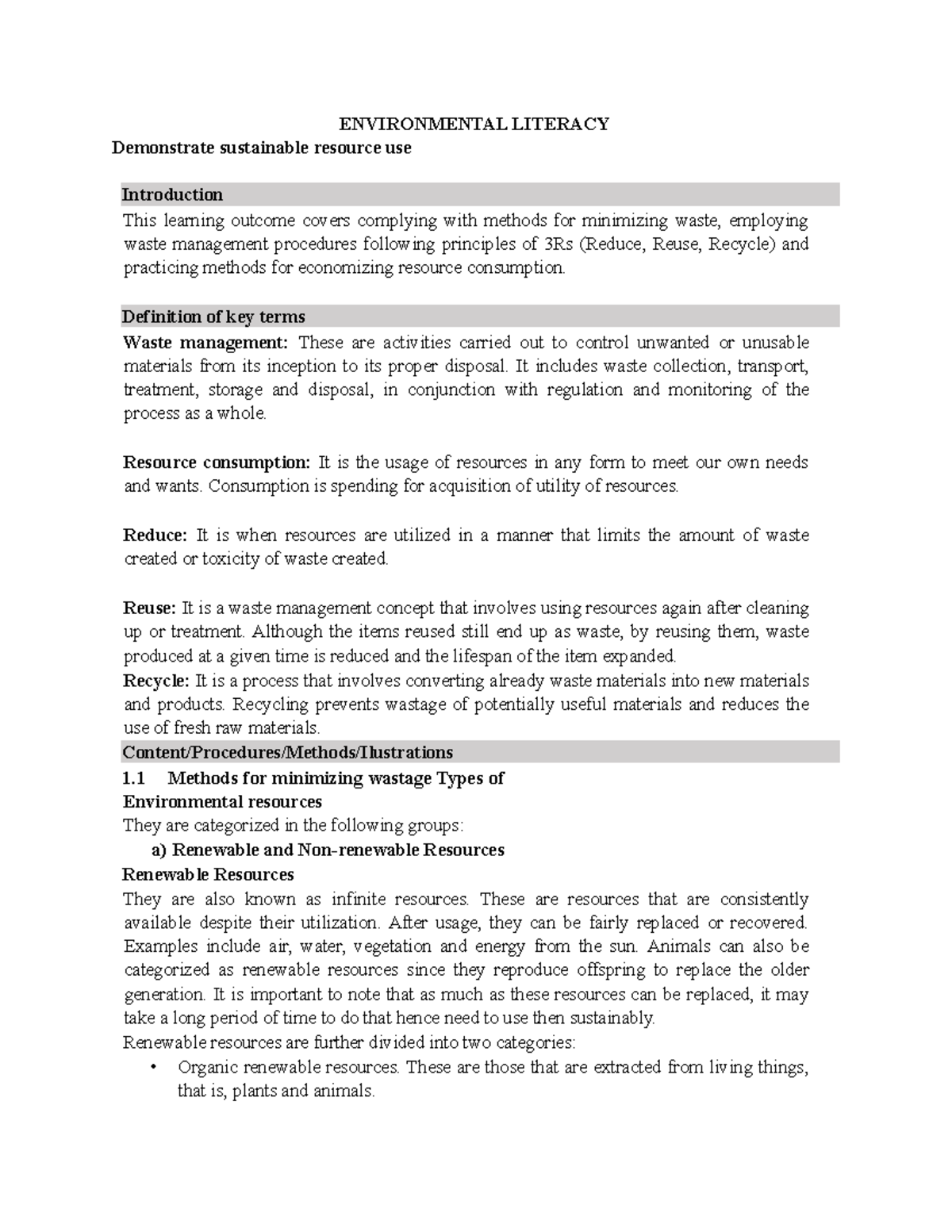 EVM Notes - ENVIRONMENTAL LITERACY Demonstrate sustainable resource use ...