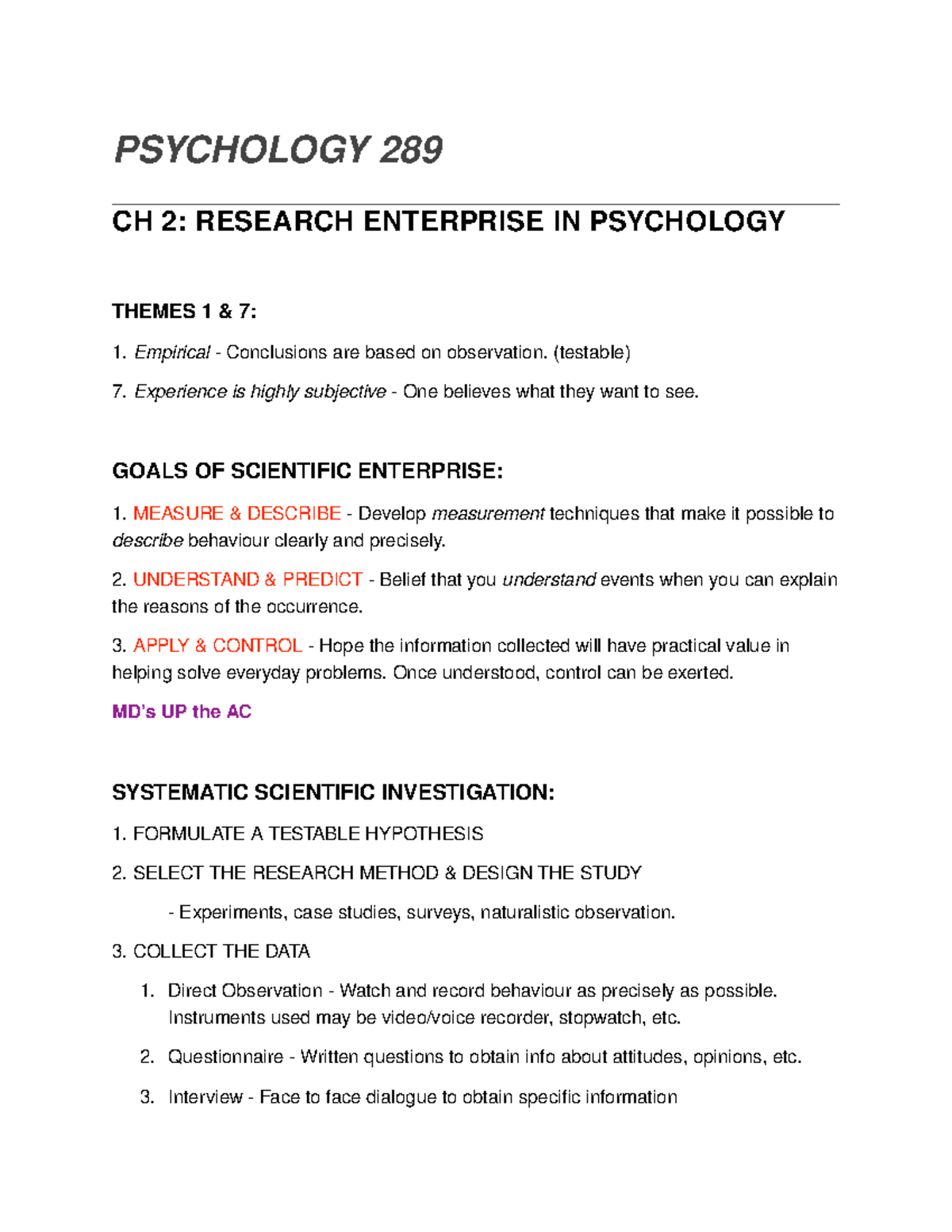 Psych 289 - Lecture notes 4 - PSYCHOLOGY 289 CH 2: RESEARCH ENTERPRISE ...