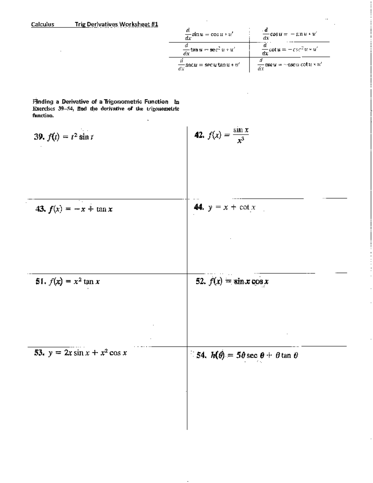 Trig derivatives ws 1 - none - BSCI 124 - Studocu