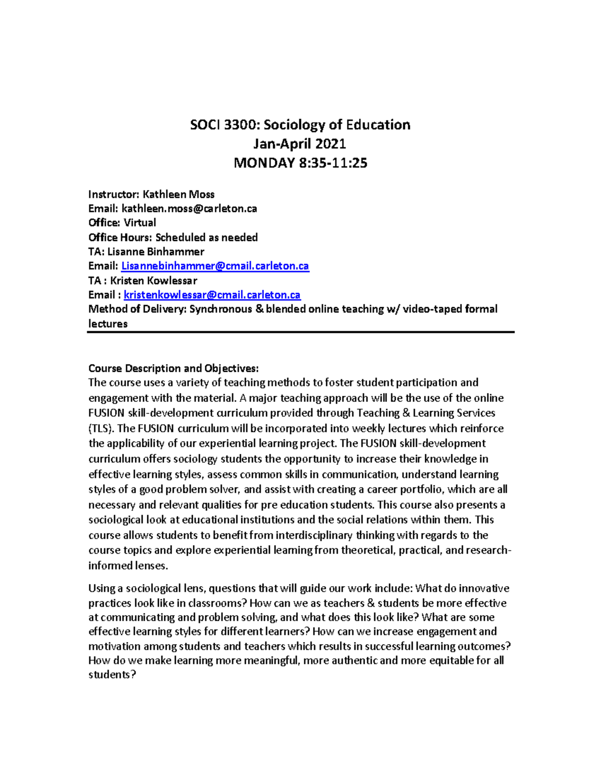 Syllabus SOCI 3300B Winter 2021 - SOCI 3300: Sociology of Education Jan ...