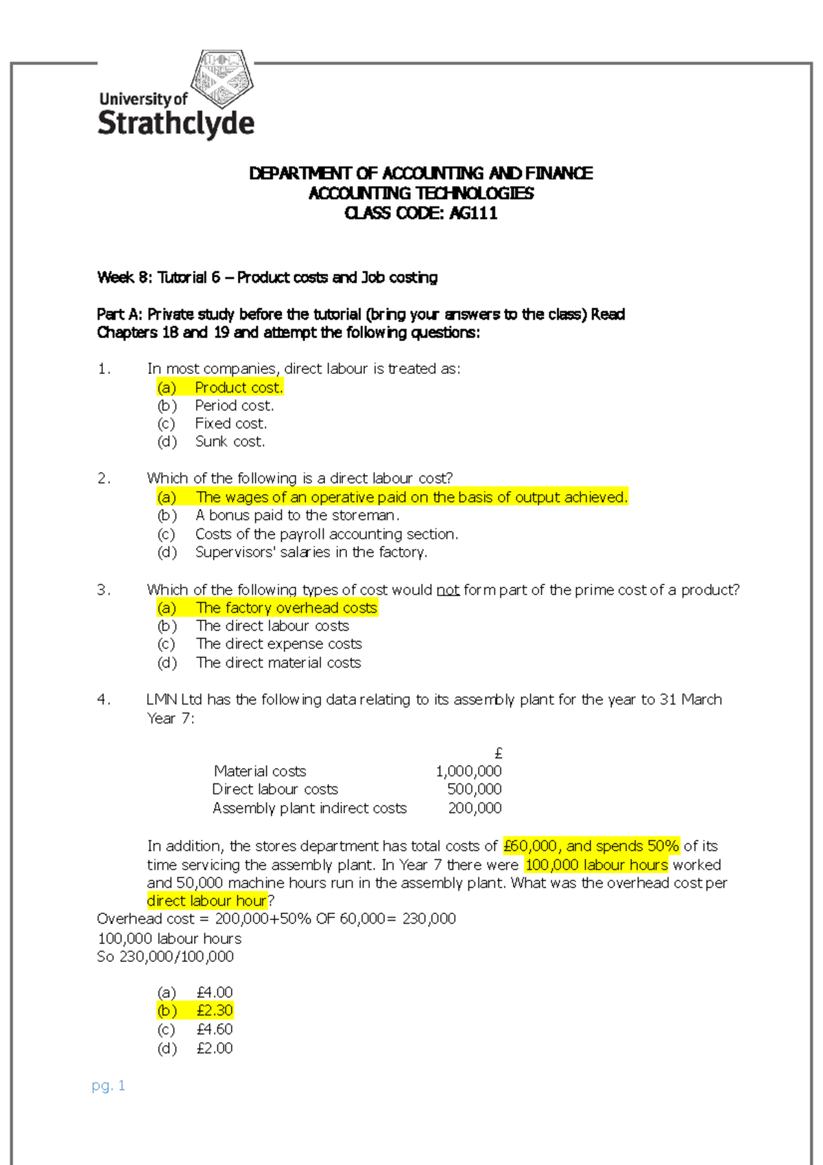 Management account tutorial 2 solution - DEPARTMENT OF ACCOUNTING AND ...