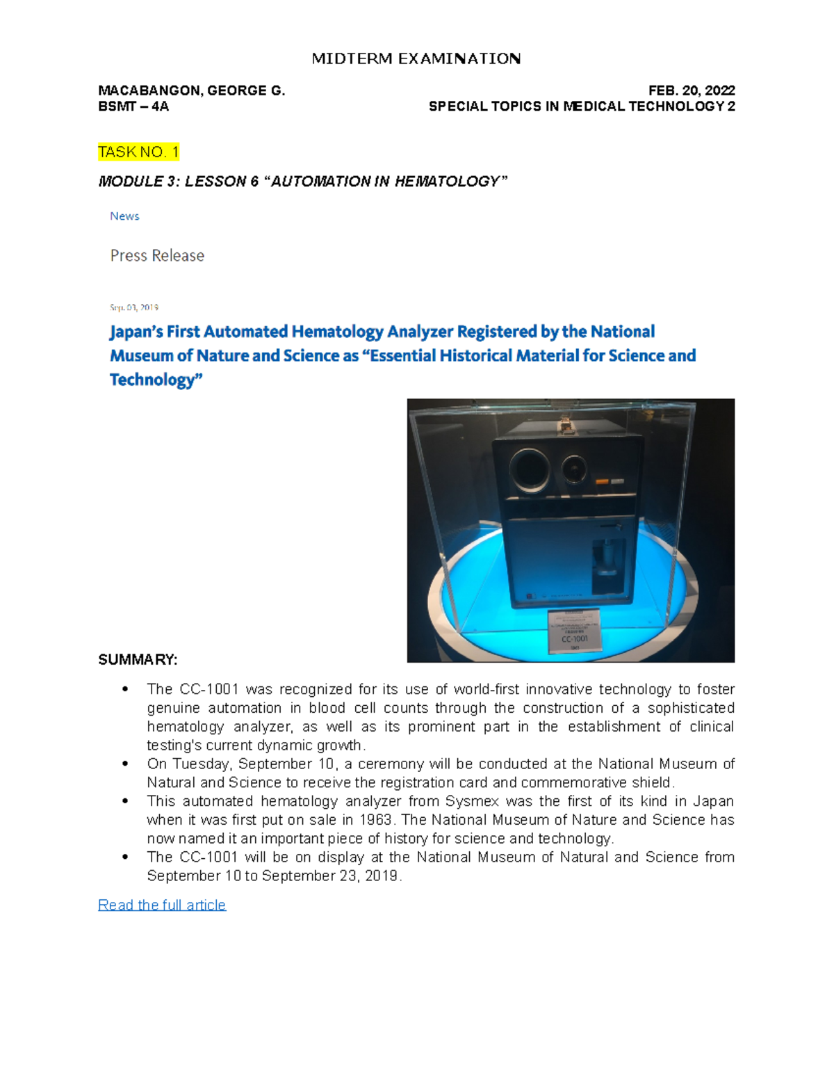 Japan’s First Automated Hematology Analyzer Registered by the National ...