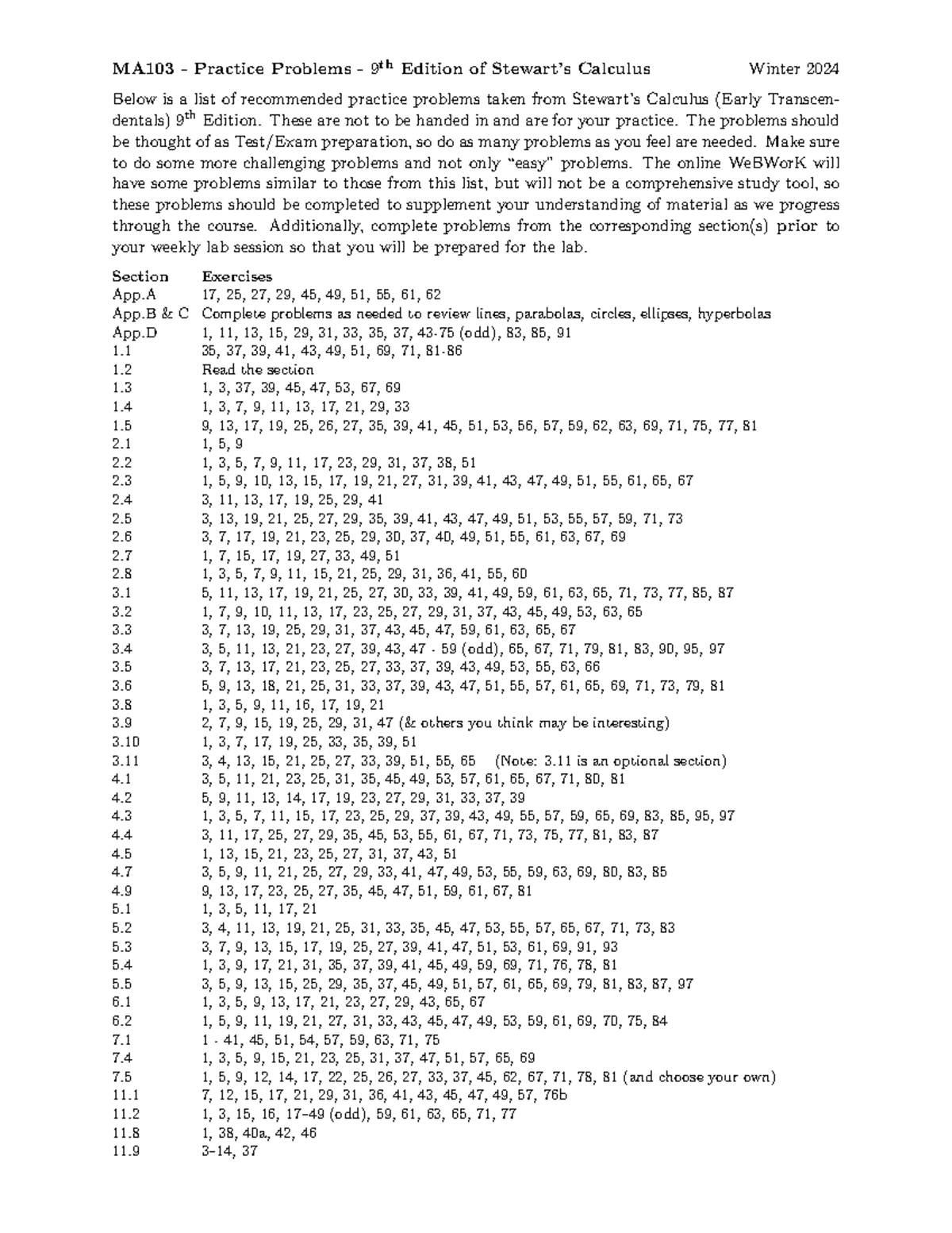 Practice problems 9th Ed - MA103 - Practice Problems - 9 th Edition of Stewart’s Calculus Winter ...