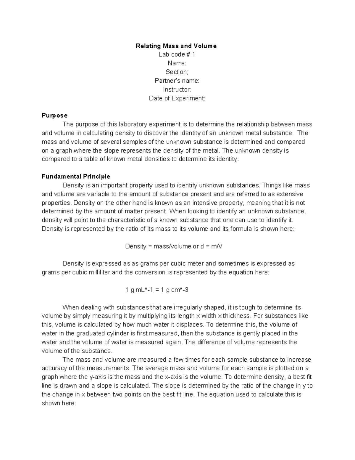 Chemistry I Lab 1 - Relating Mass and Volume Lab code # 1 Name: Section ...