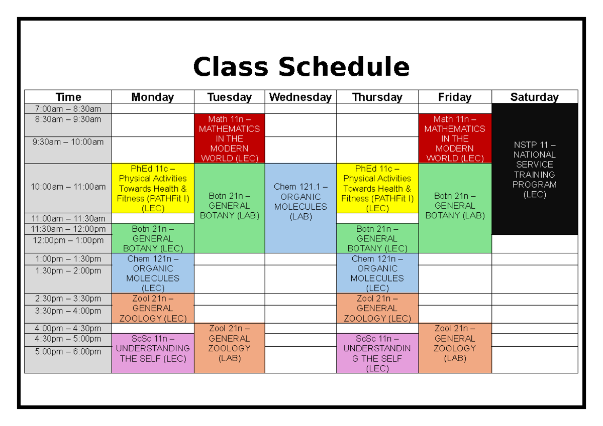 Class Schedule (A.Y. 2024-2025) - Class Schedule Time Monday Tuesday ...