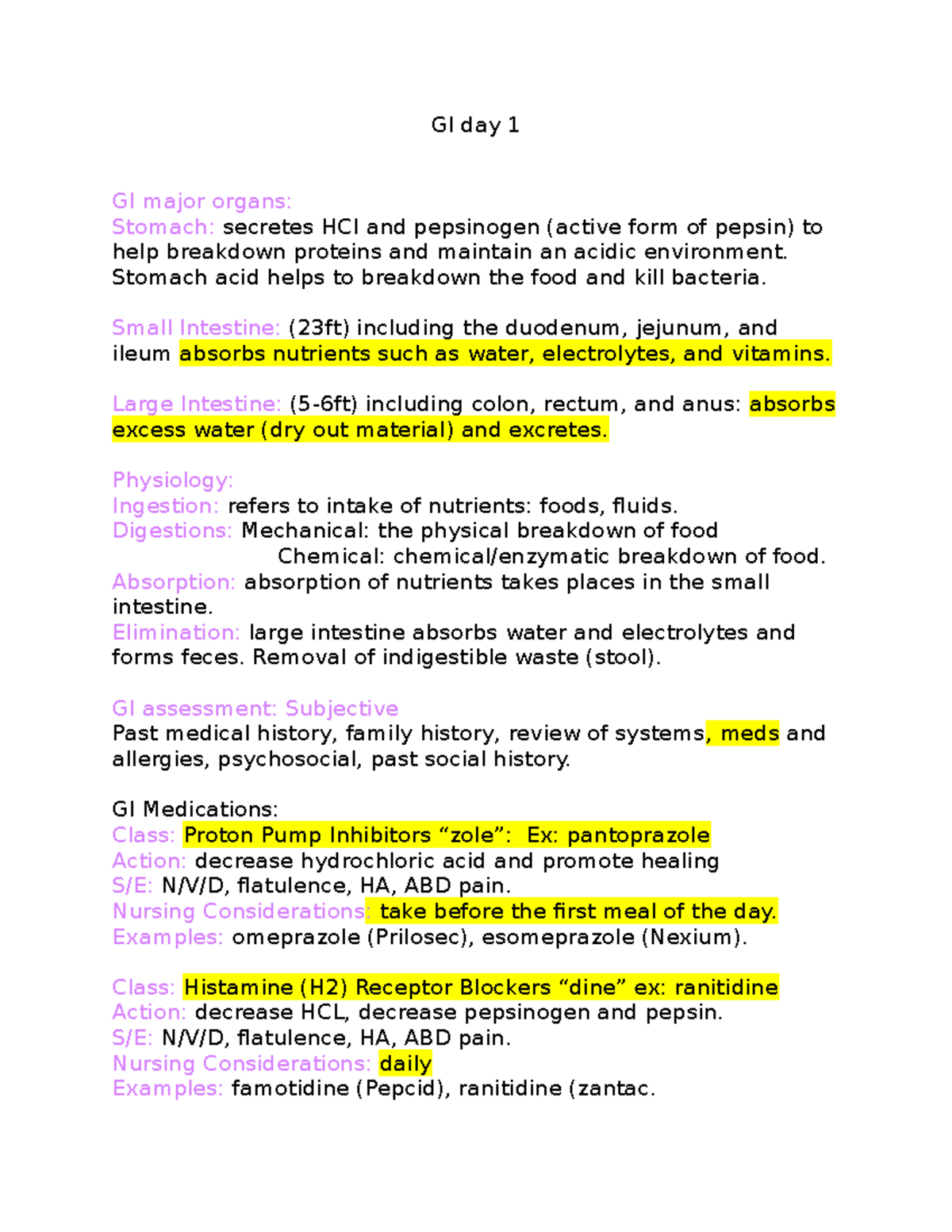 GI day 1 notes - GI day 1 GI major organs: Stomach: secretes HCI and ...